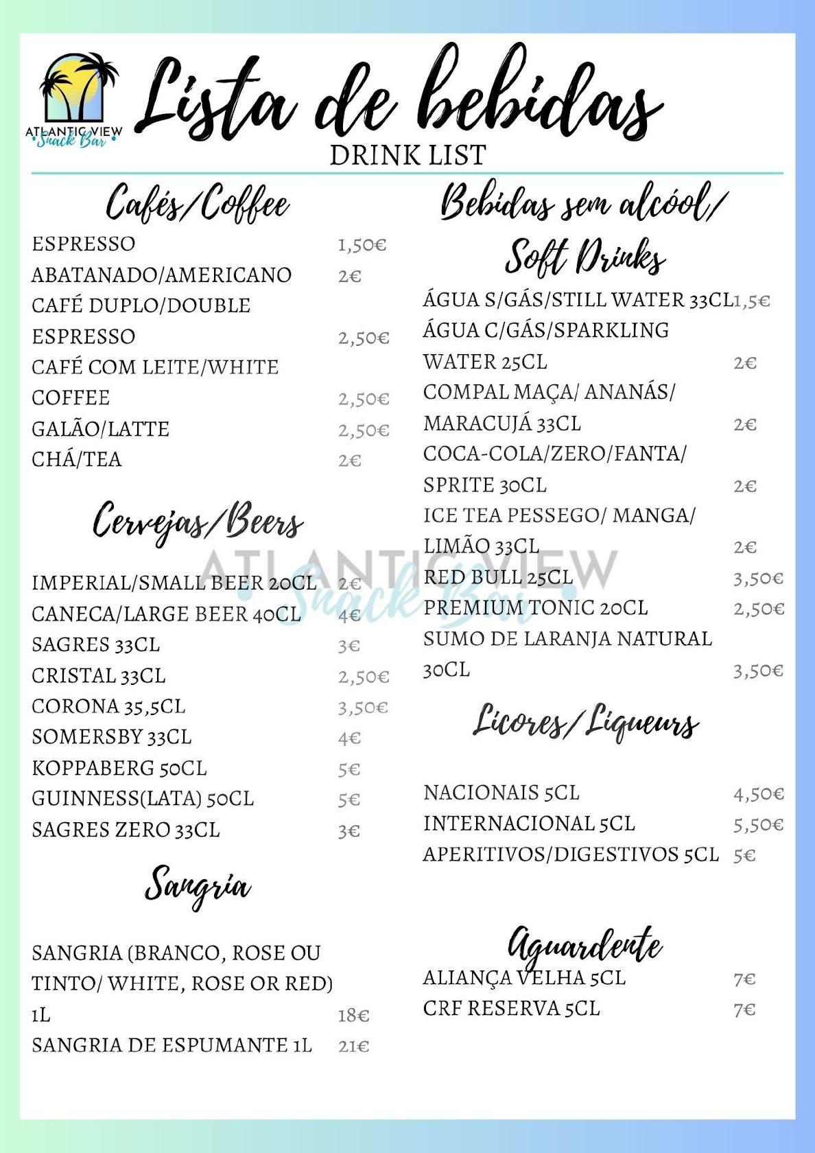 Menu at Atlantic View - Snack Bar, Carvoeiro