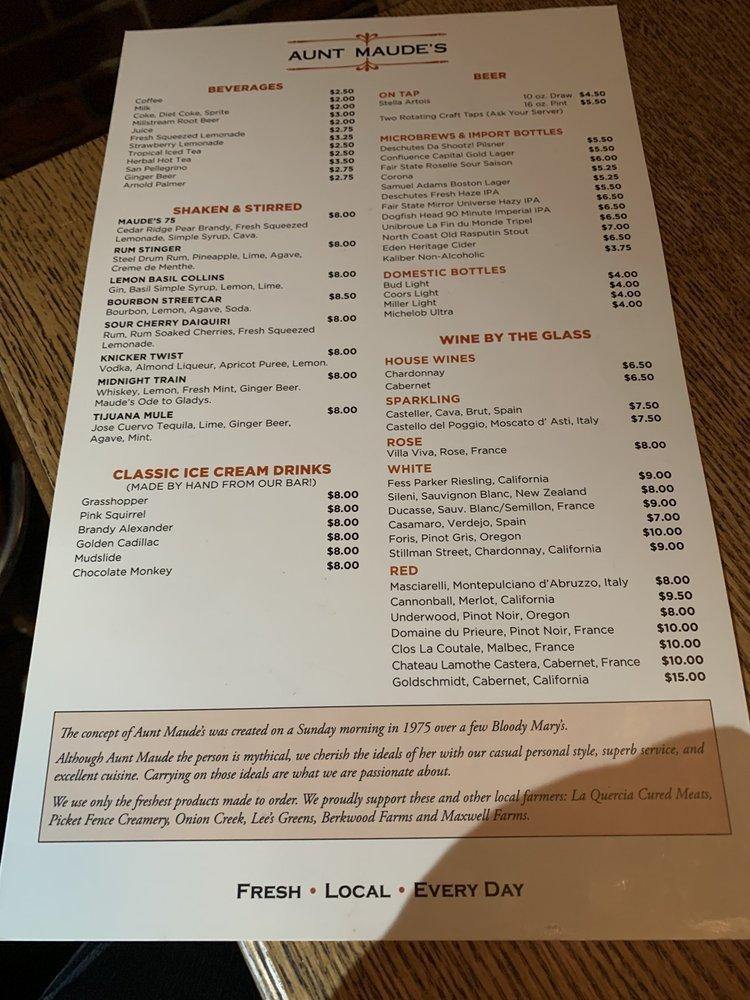 Menu at Aunt Maude's restaurant, Ames