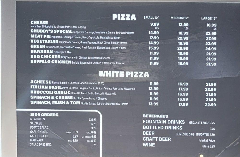 Menu at Chubby's Super Subs & Pizza pub & bar, Tampa