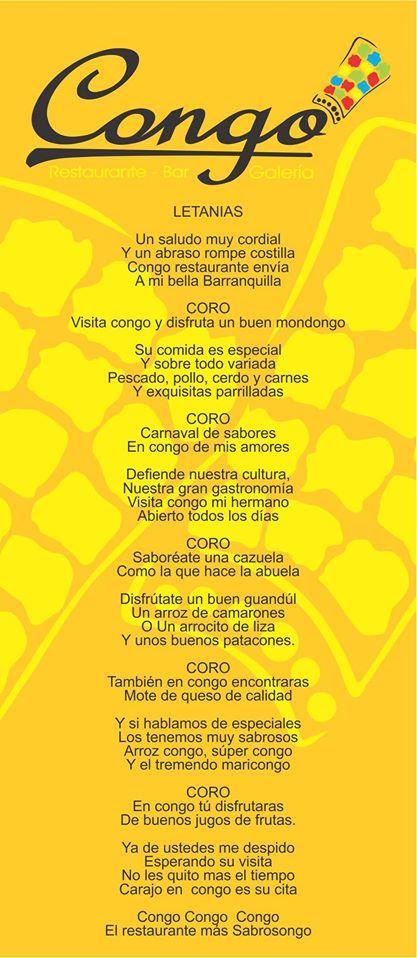 Menu at Congo restaurant, Barranquilla