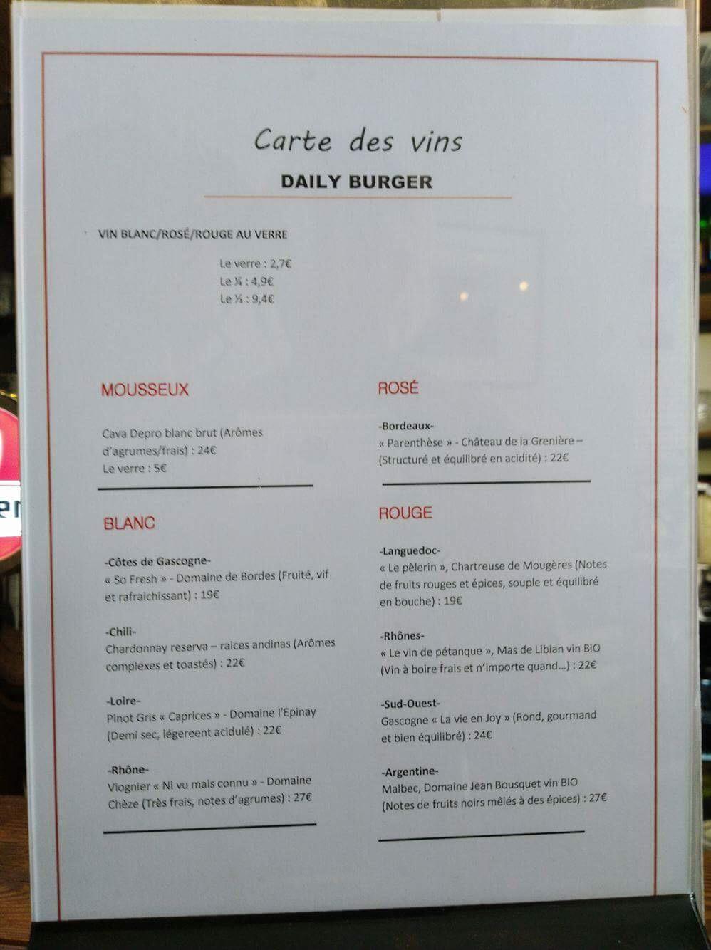 Menu at Daily Burger, Hannut