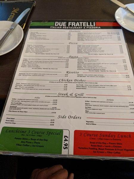 Menu at Due Fratelli restaurant, Newbiggin-by-the-Sea