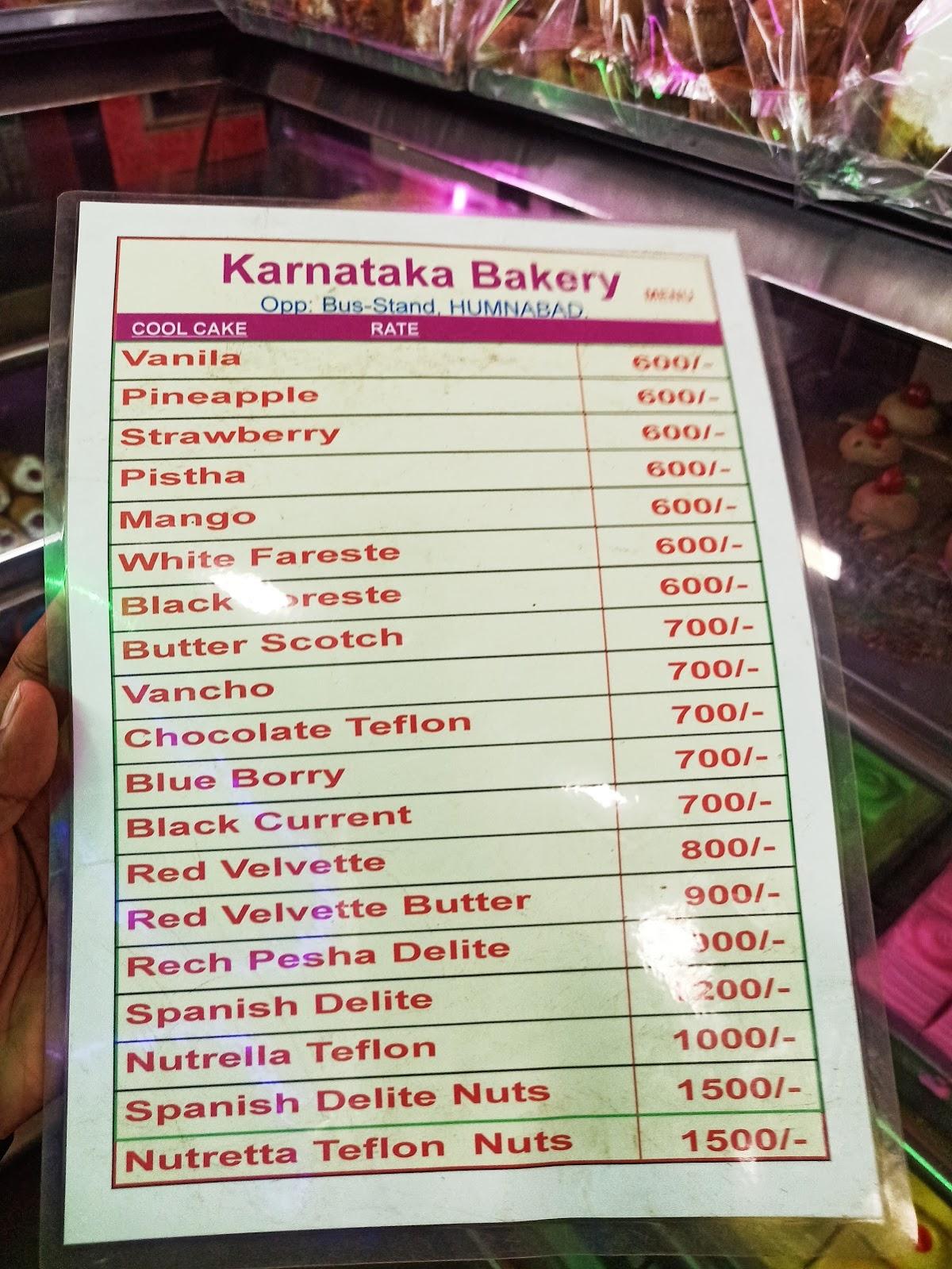 Menu at Karnataka Bakery, Humnabad