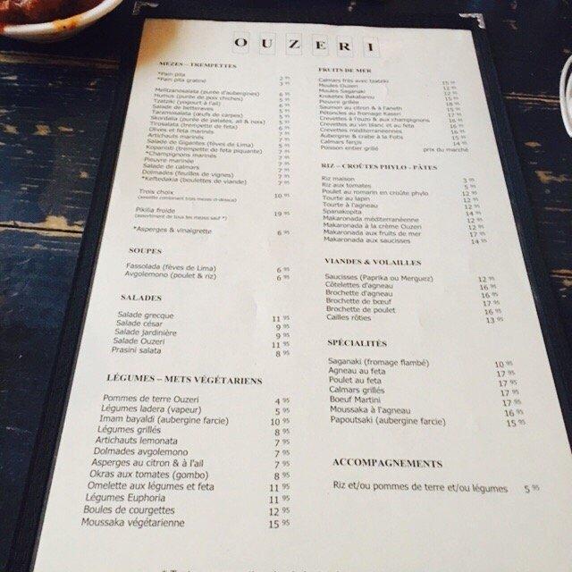 Menu au Ouzeri restaurant, Montréal