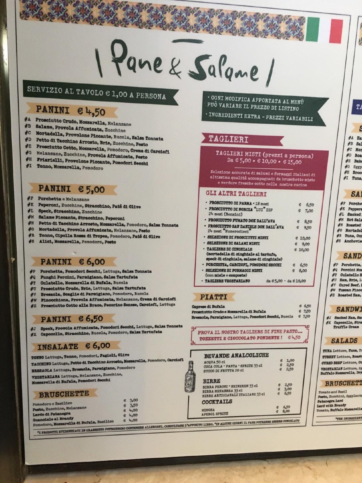 Menu at Pane e Salame pub & bar, Rome, Via Santa Maria in Via