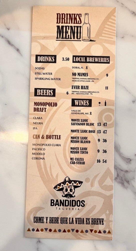 Menu at Bandidos Taqueria restaurant, Doral