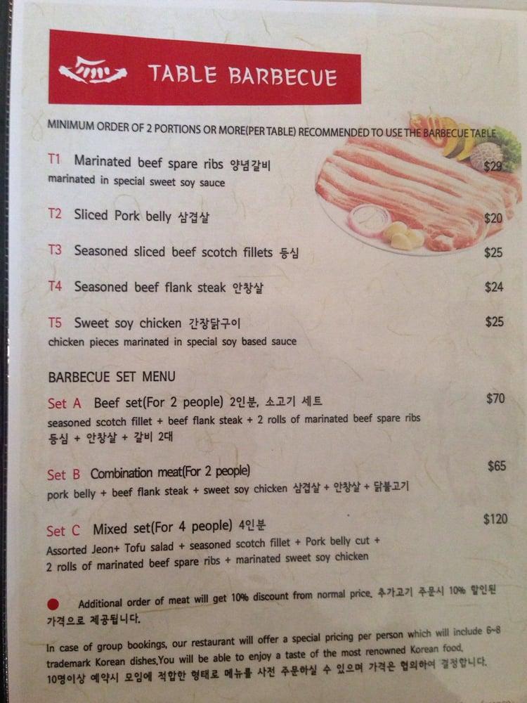 Menu at Little Korea restaurant, Hamilton