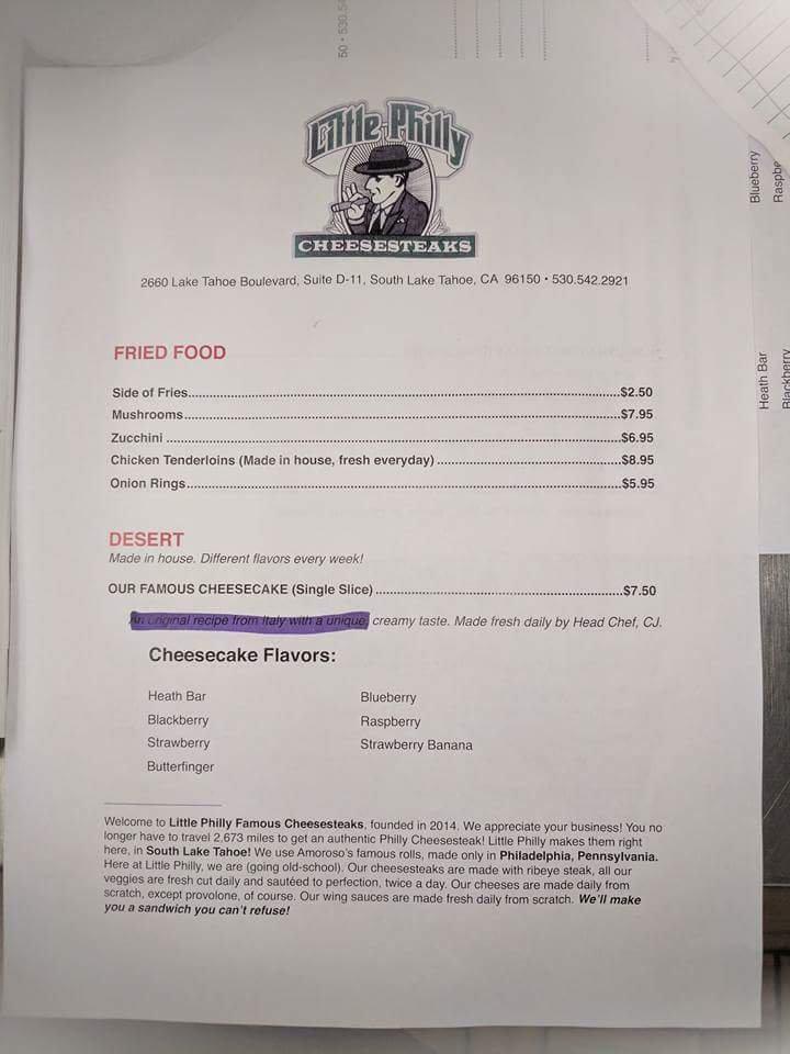Menu at Little Philly Cheesesteaks restaurant, South Lake Tahoe