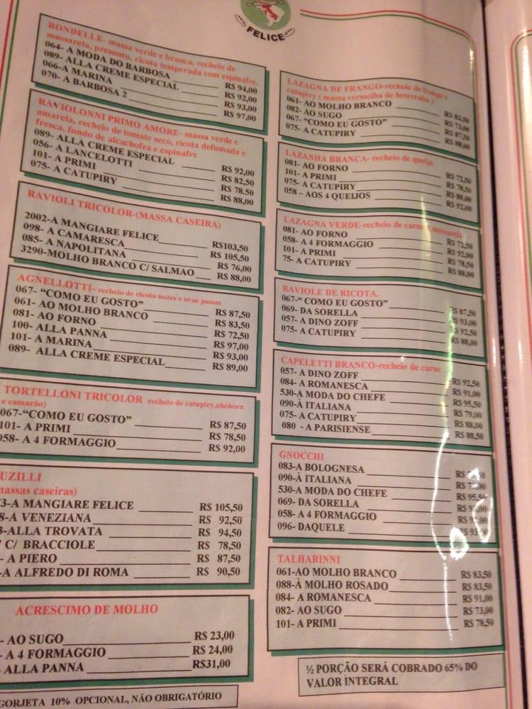 Menu em Mangiare Felice restaurante, Curitiba, R. Francisco Rocha