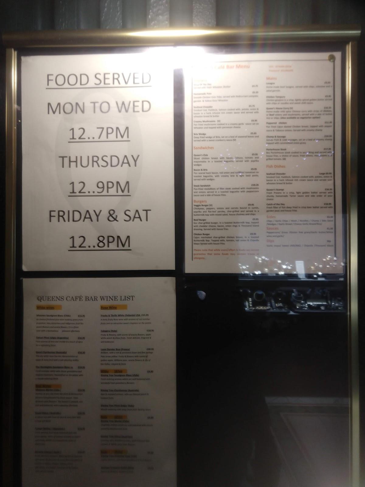 Menu at Queen's Café Bar, Belfast, 4 Queen's Arcade