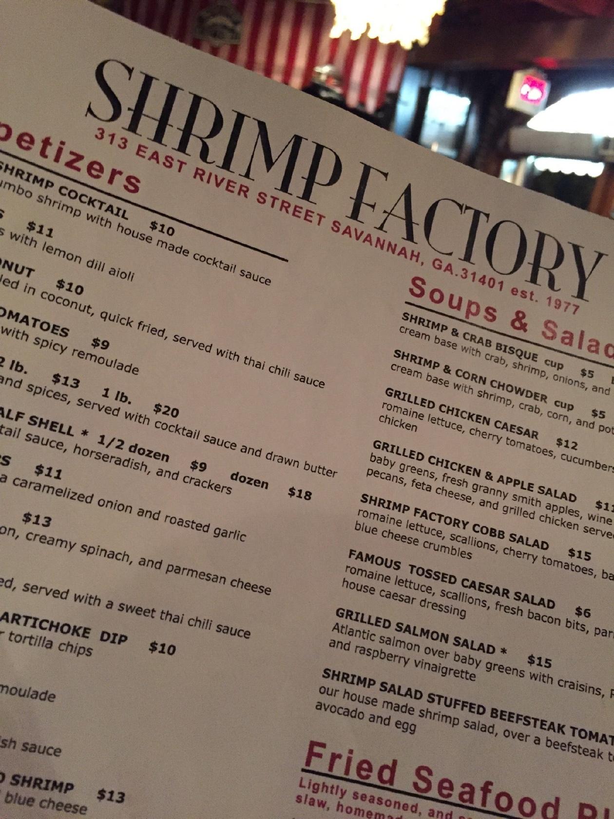 Menu at The Shrimp Factory restaurant, Savannah
