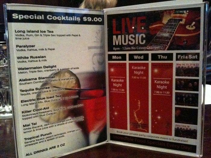 Menu at Admiral Pub, Burnaby