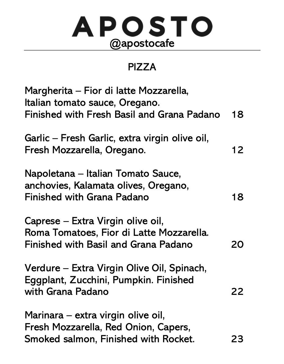 Menu at Aposto Cafe, Dianella