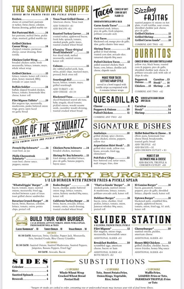 Carta de Changing Times American Sports Bar & Grille, Bay Shore
