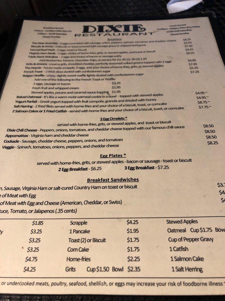 Menu at Dixie Restaurant, Petersburg