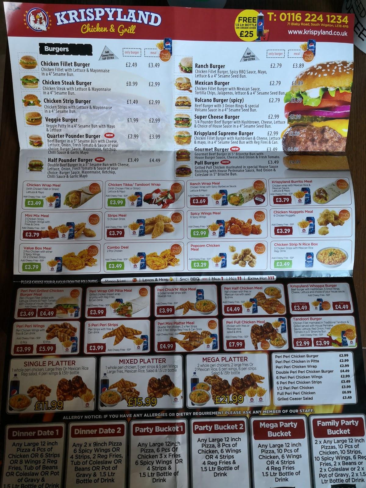 Menu at Krispyland restaurant, Leicester
