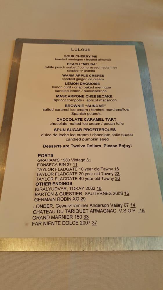 Menu at Lulou's restaurant, Reno
