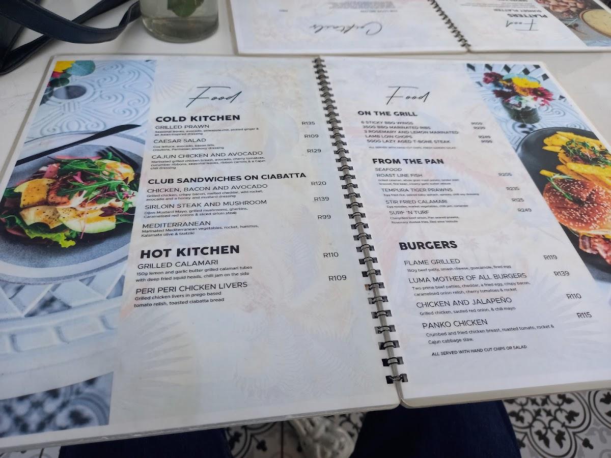 Menu at Luma Sunsets restaurant, Durban
