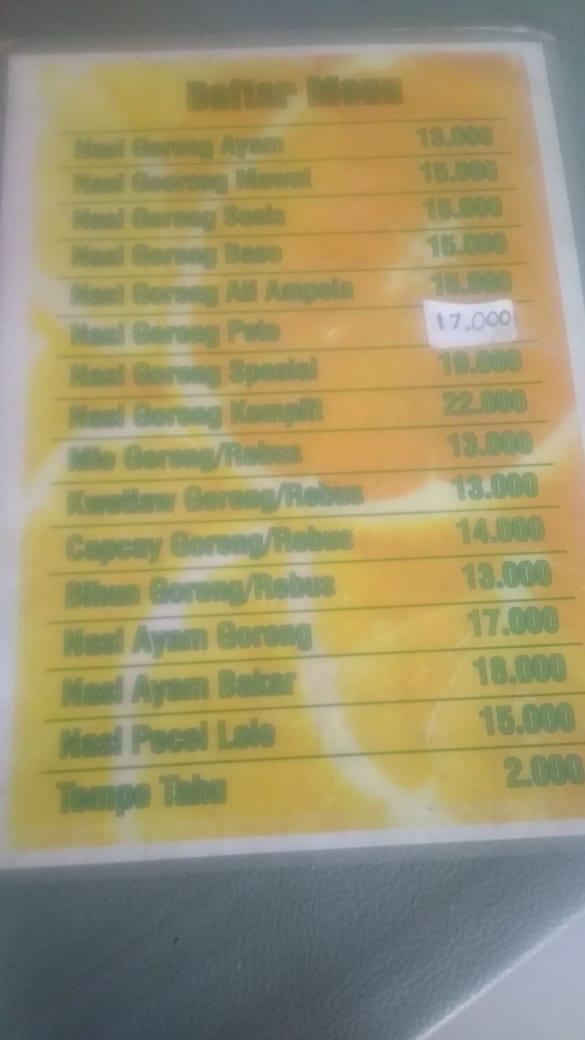 Menu at Nasi Goreng mas Rono restaurant, West Jakarta