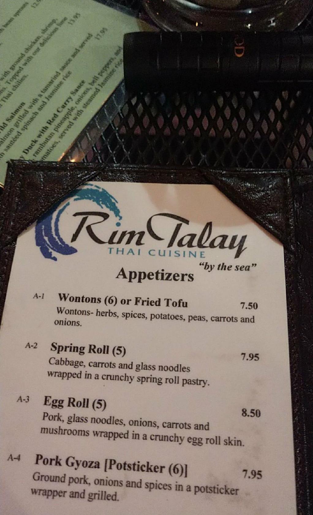 Menu at Rim Talay Thai Cuisine restaurant, Oceanside