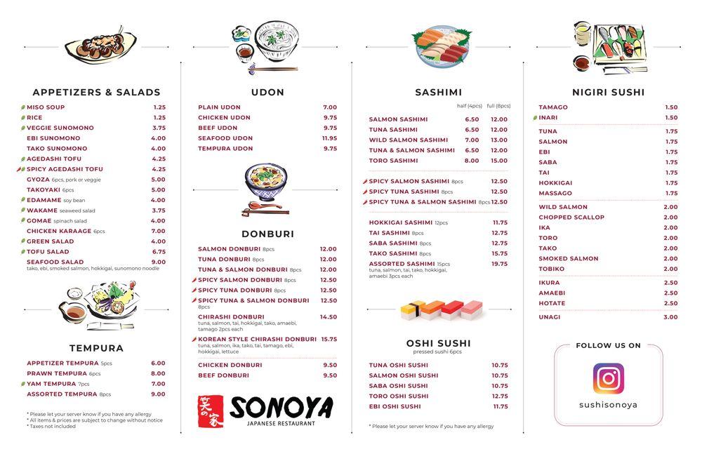 Menu at Sushi Sonoya restaurant, Vancouver
