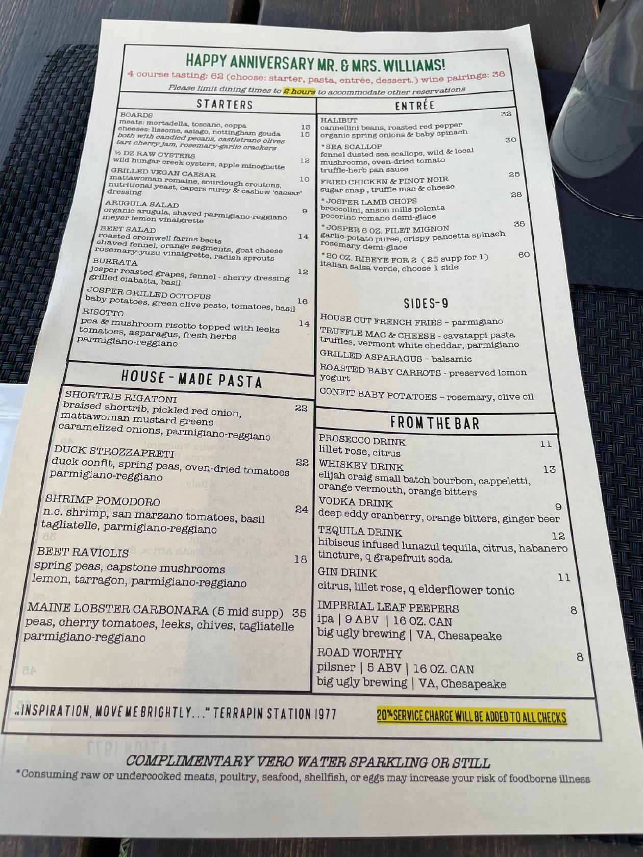 Carta de Terrapin Restaurant, Virginia Beach, Holly Rd #514