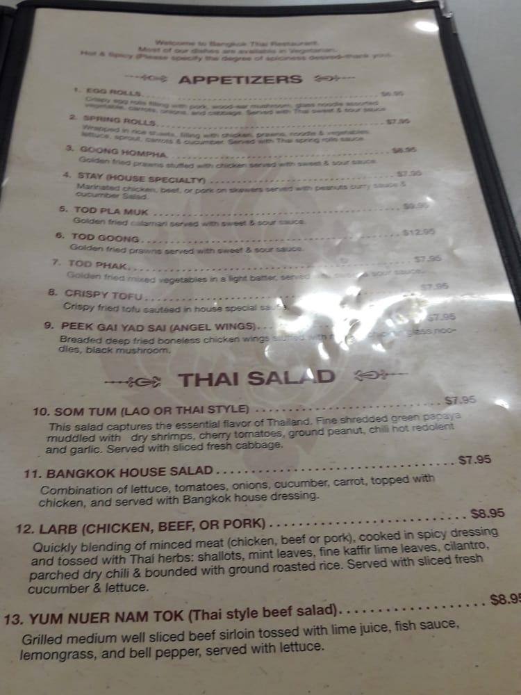 Menu at Bangkok Thai Restaurant, Merced