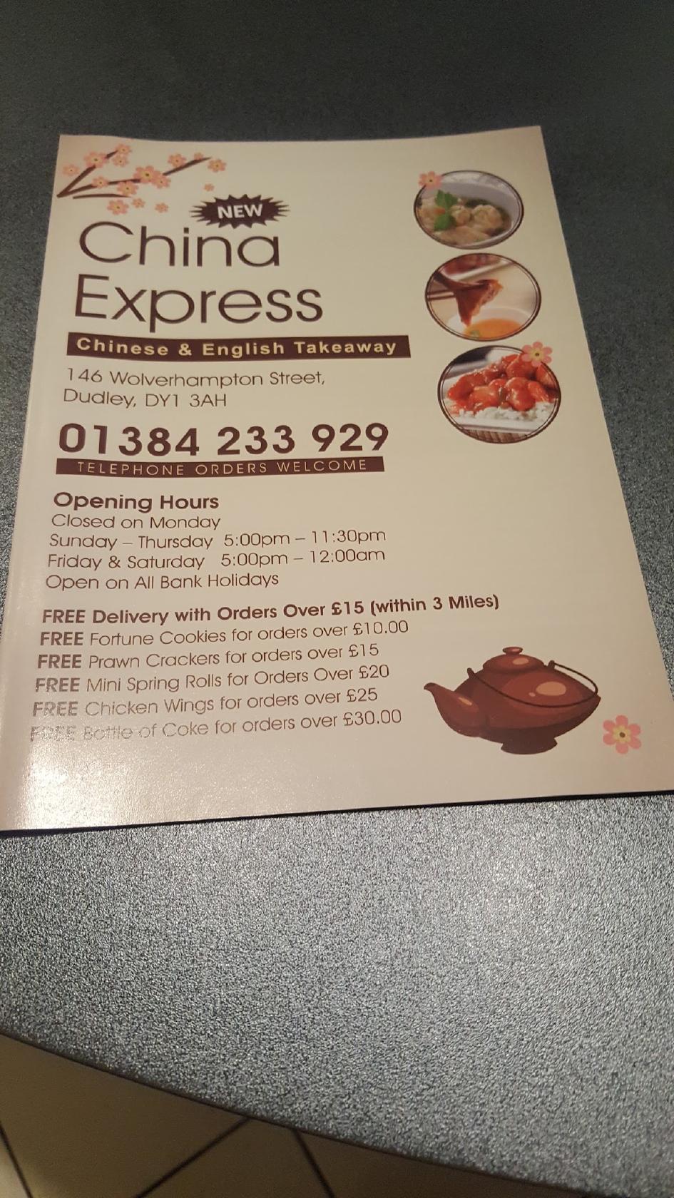 Menu at China Express fast food, Dudley, 146 Wolverhampton St