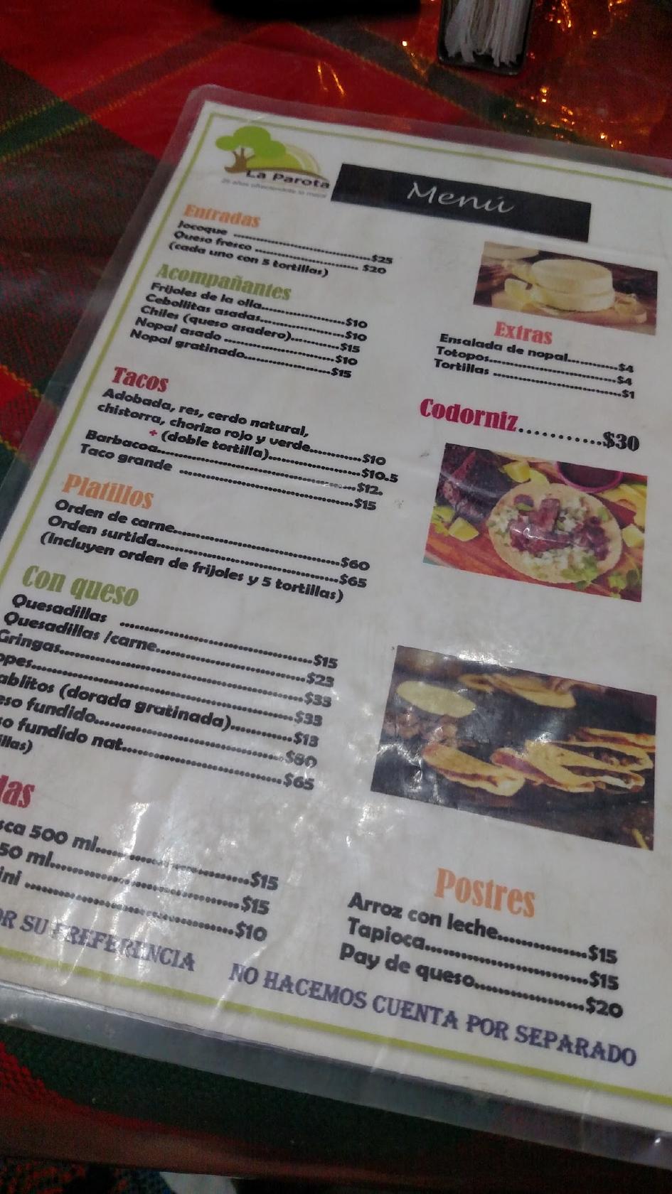 Carta del restaurante La Parota; D' mundo, Colima