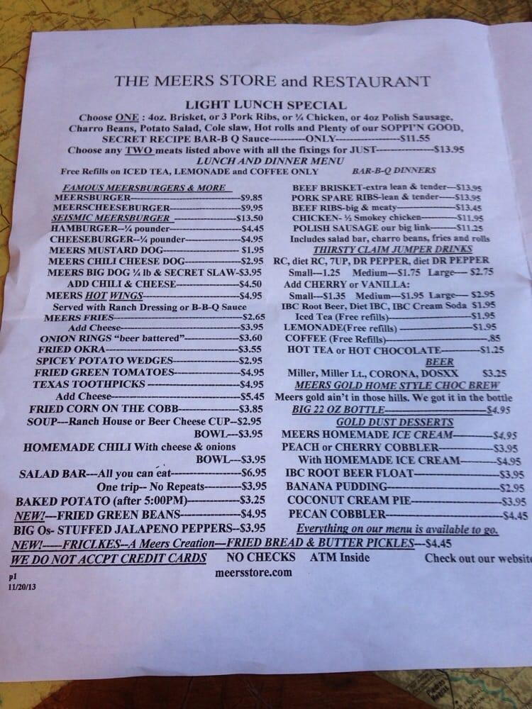 Menu at Meers Store and Restaurant, Meers