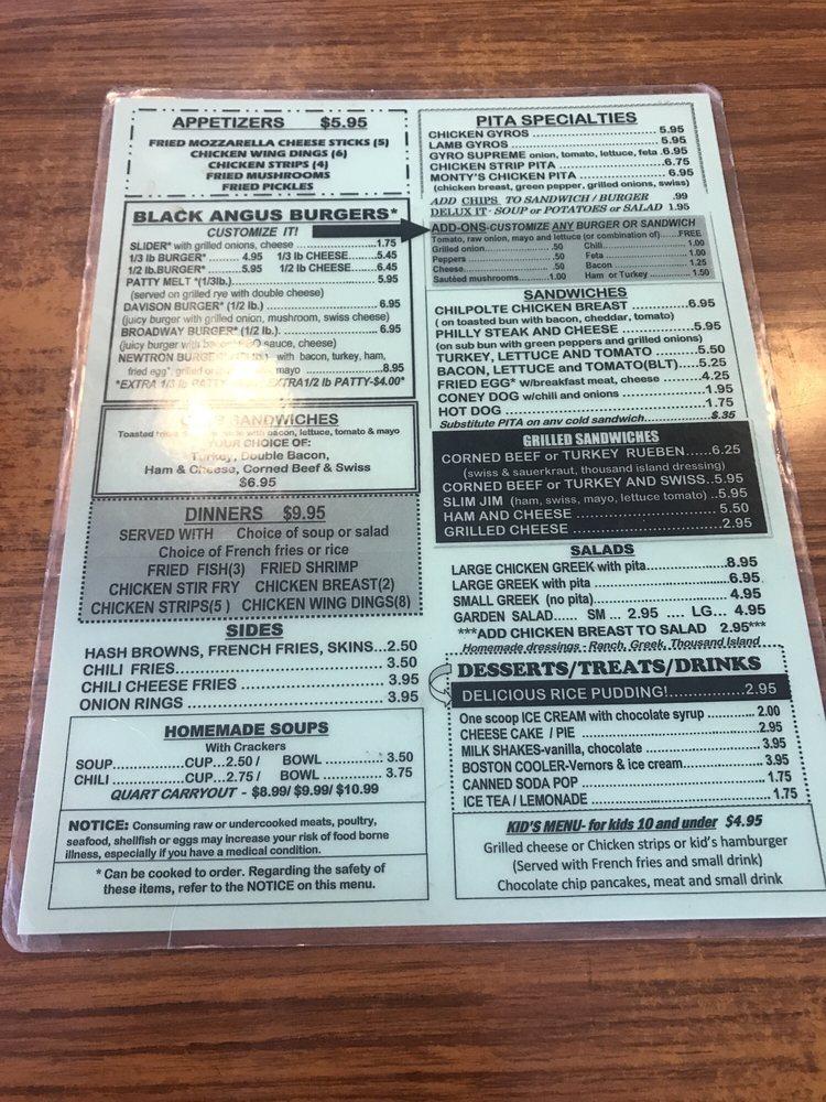 Menu at Monty's Grill restaurant, Royal Oak