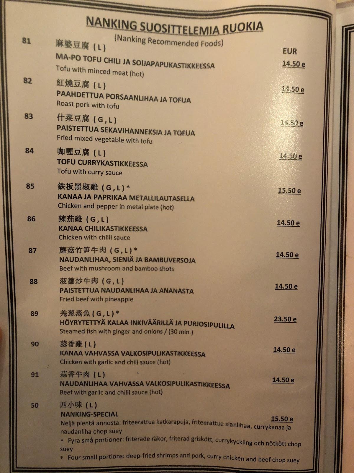 Menu at Nanking restaurant, Helsinki