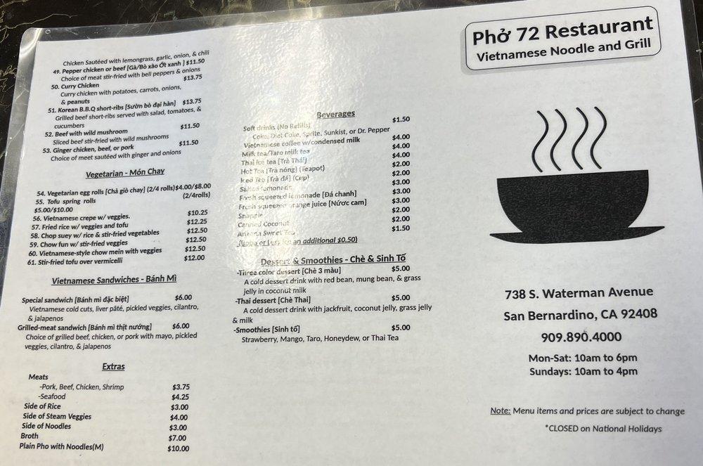 Menu at Pho 72 Restaurant Vietnamese Noodle and Grill, San Bernardino ...