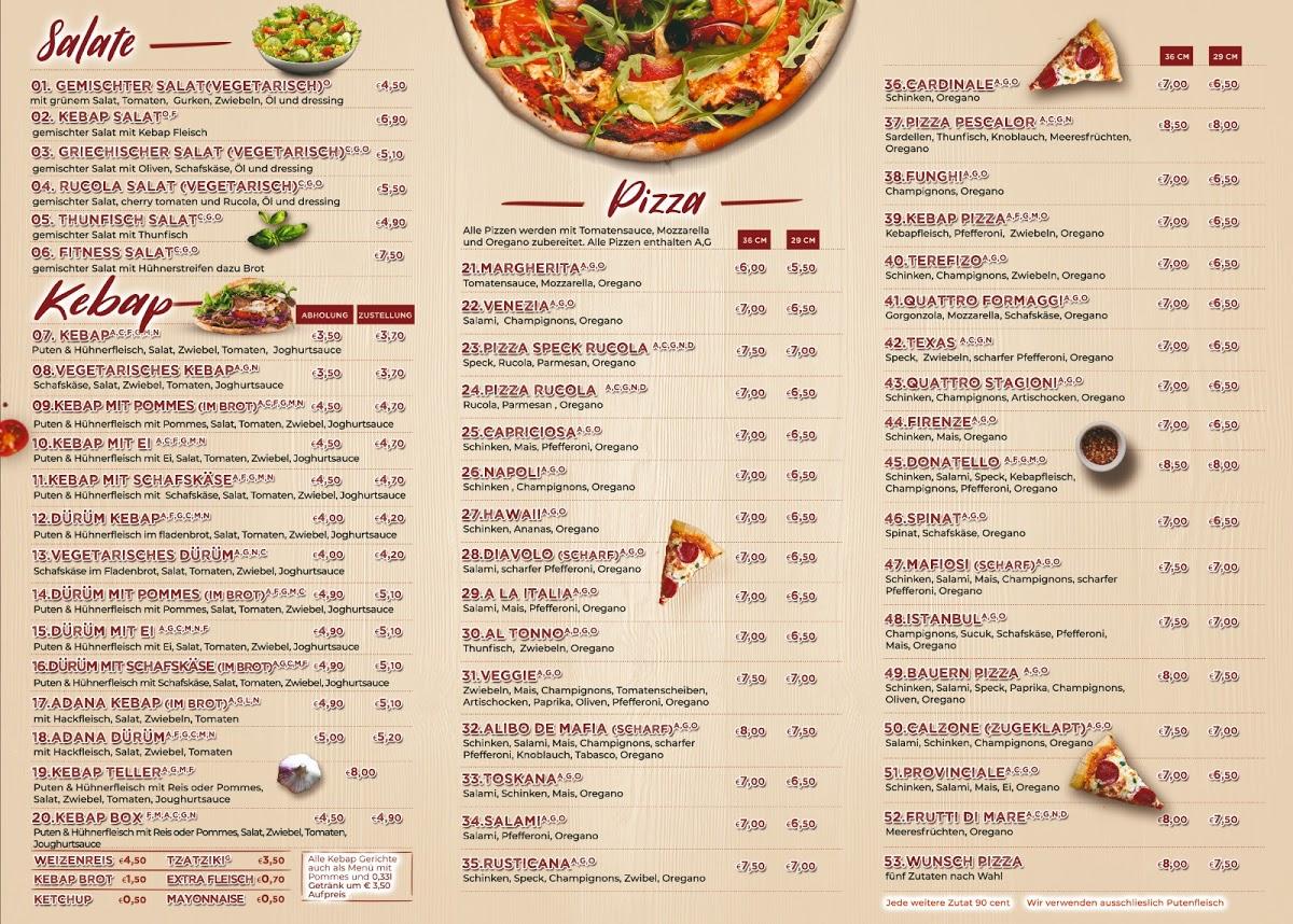 Menu at Pizzeria Donatello, Linz