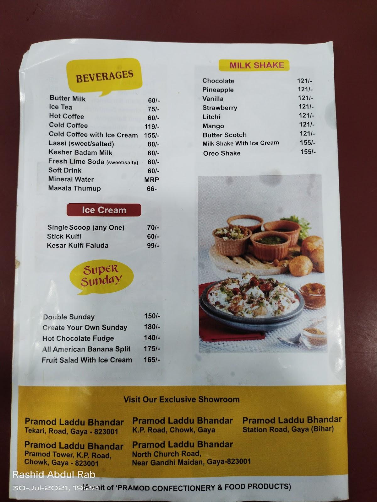 Menu at Pramod Laddu Bhandar, Gaya, QXRW+HQF