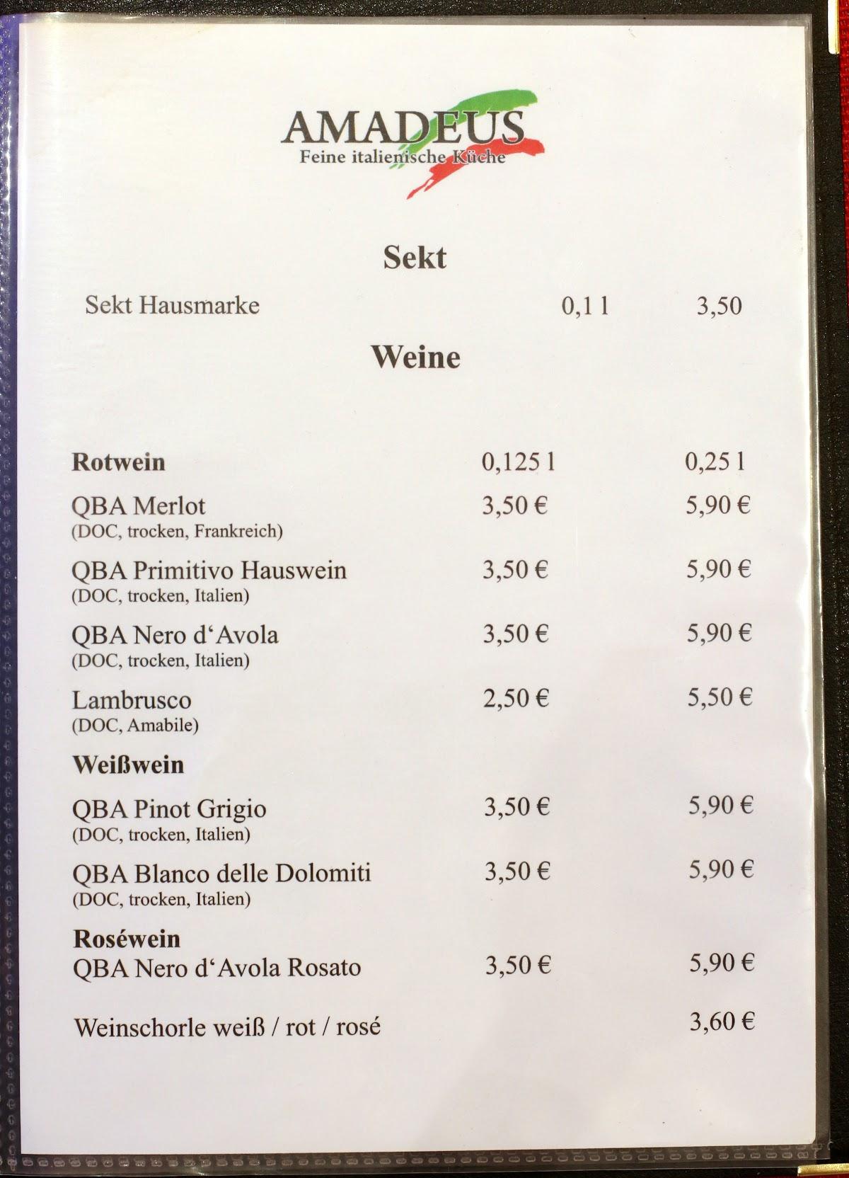 Speisekarte von Restaurant Pizzeria Amadeus, Rottenburg am Neckar