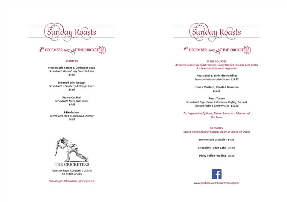 Menu at The Cricketers pub & bar, Guildford