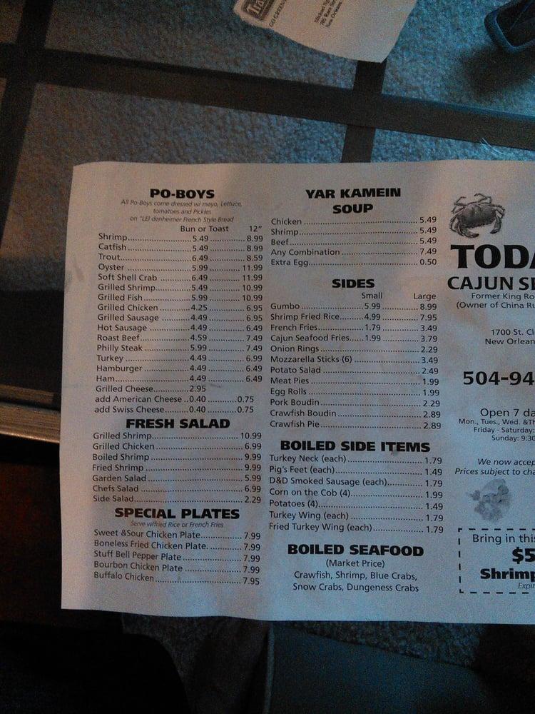 Menu at Today's Cajun Seafood restaurant, New Orleans