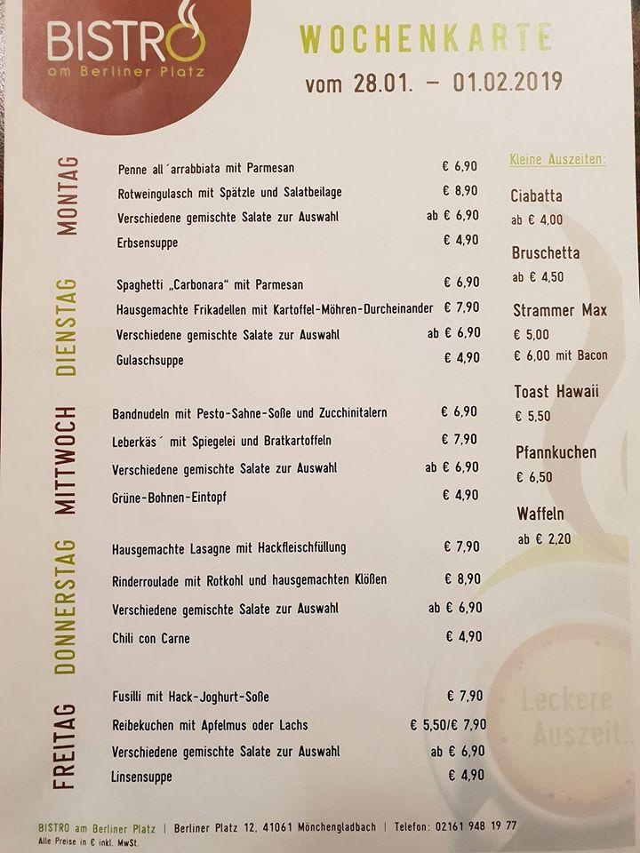 Menu at Bistro am Berliner Platz restaurant, Mönchengladbach