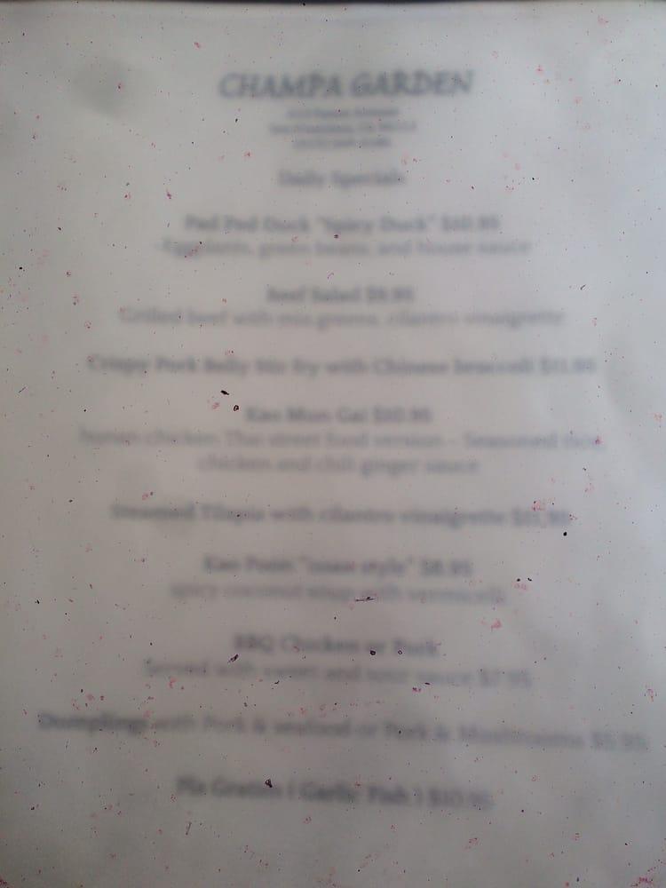 Menu at Champa Garden Restaurant, San Francisco, 613 Faxon Ave