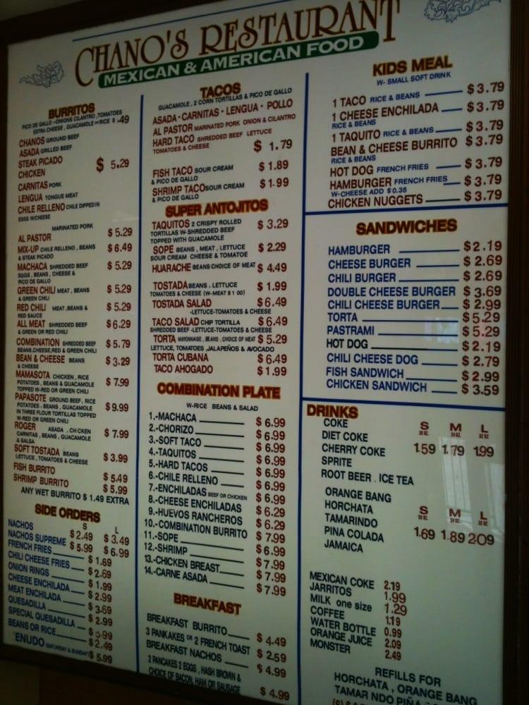 Menu at Chanos Drive-In restaurant, San Gabriel