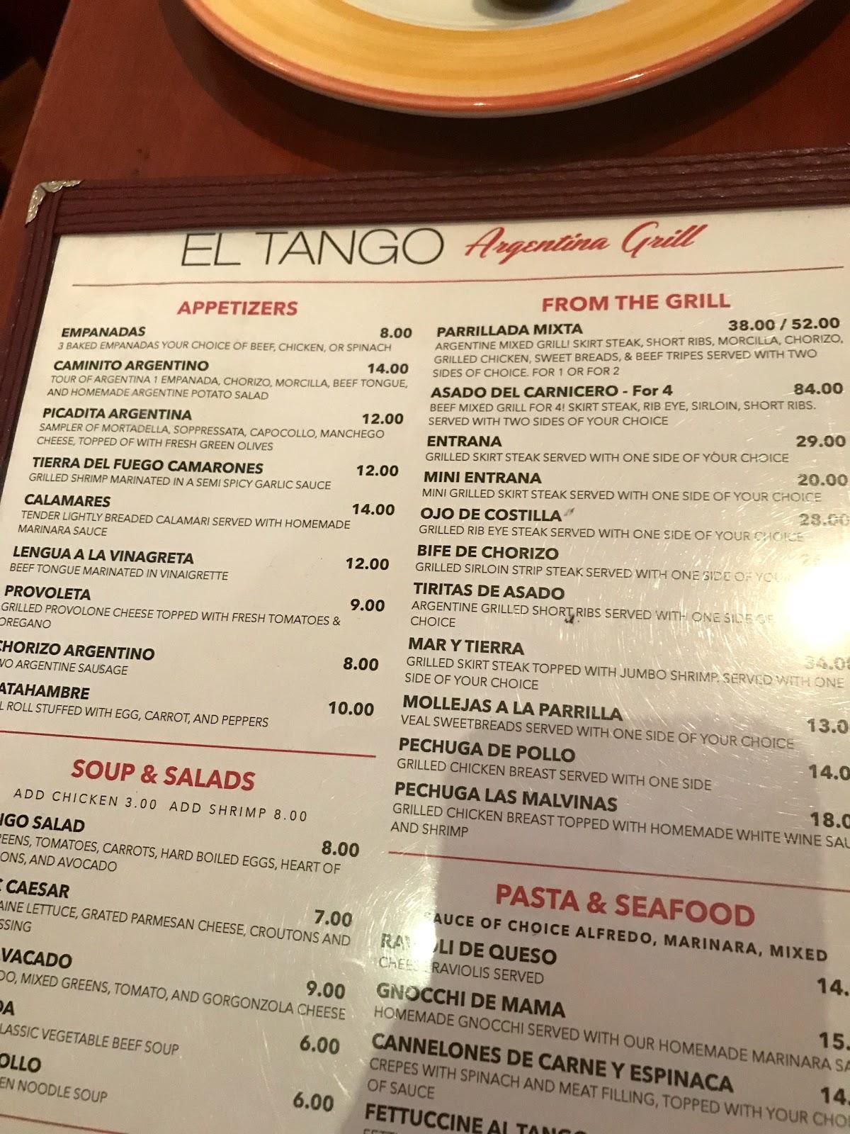 Menu at El Tango Argentina Grill Englewood pub & bar, Englewood