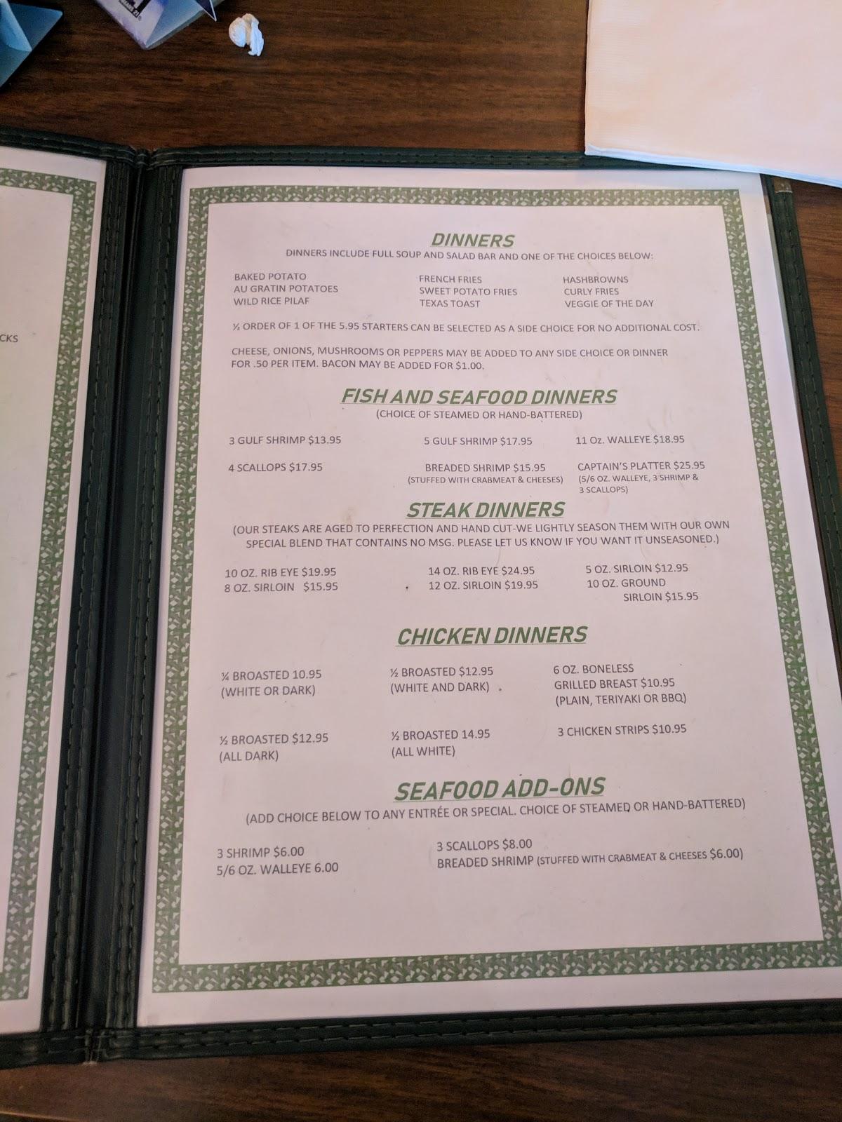 Menu at KT's Fireside Supper Club, Mobridge