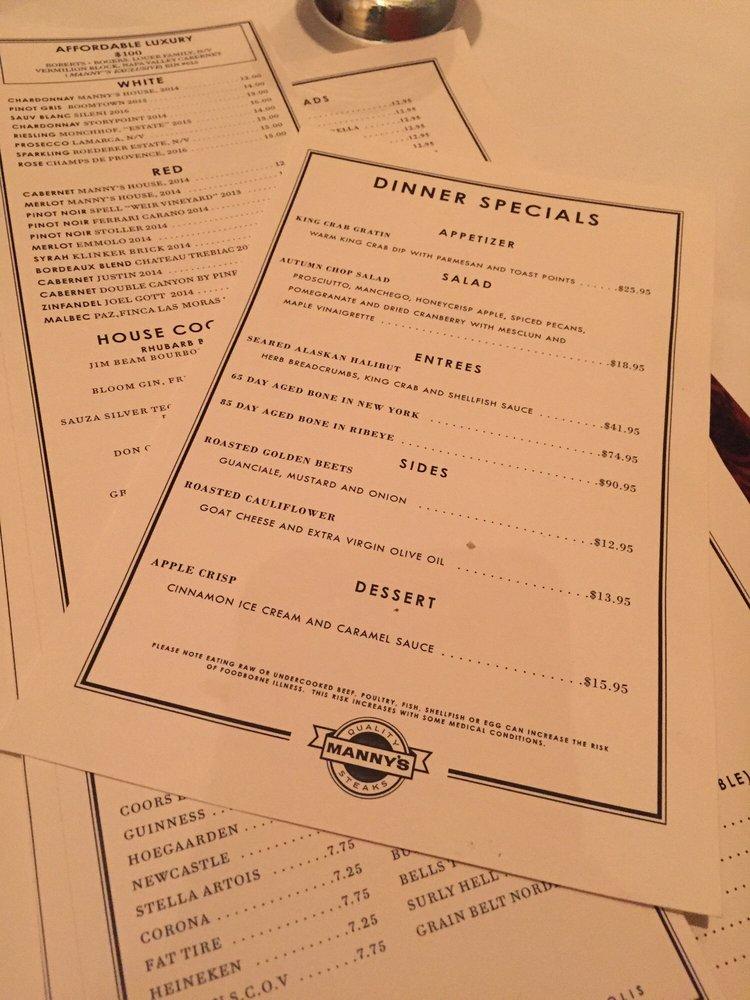 Menu at Manny's Steakhouse, Minneapolis, 825 S Marquette Ave