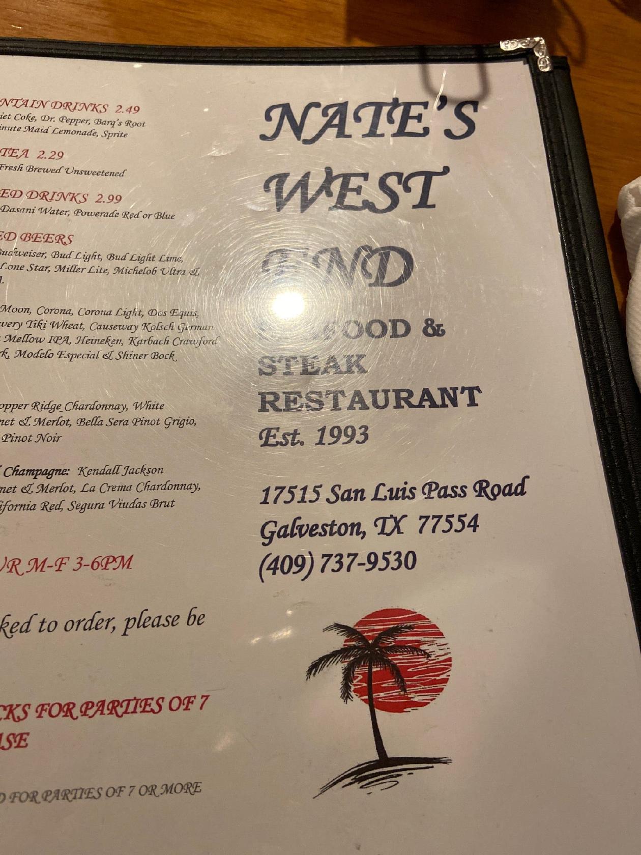 Menu at Nate's Westend Seafood & Steaks restaurant, Galveston, Termini ...