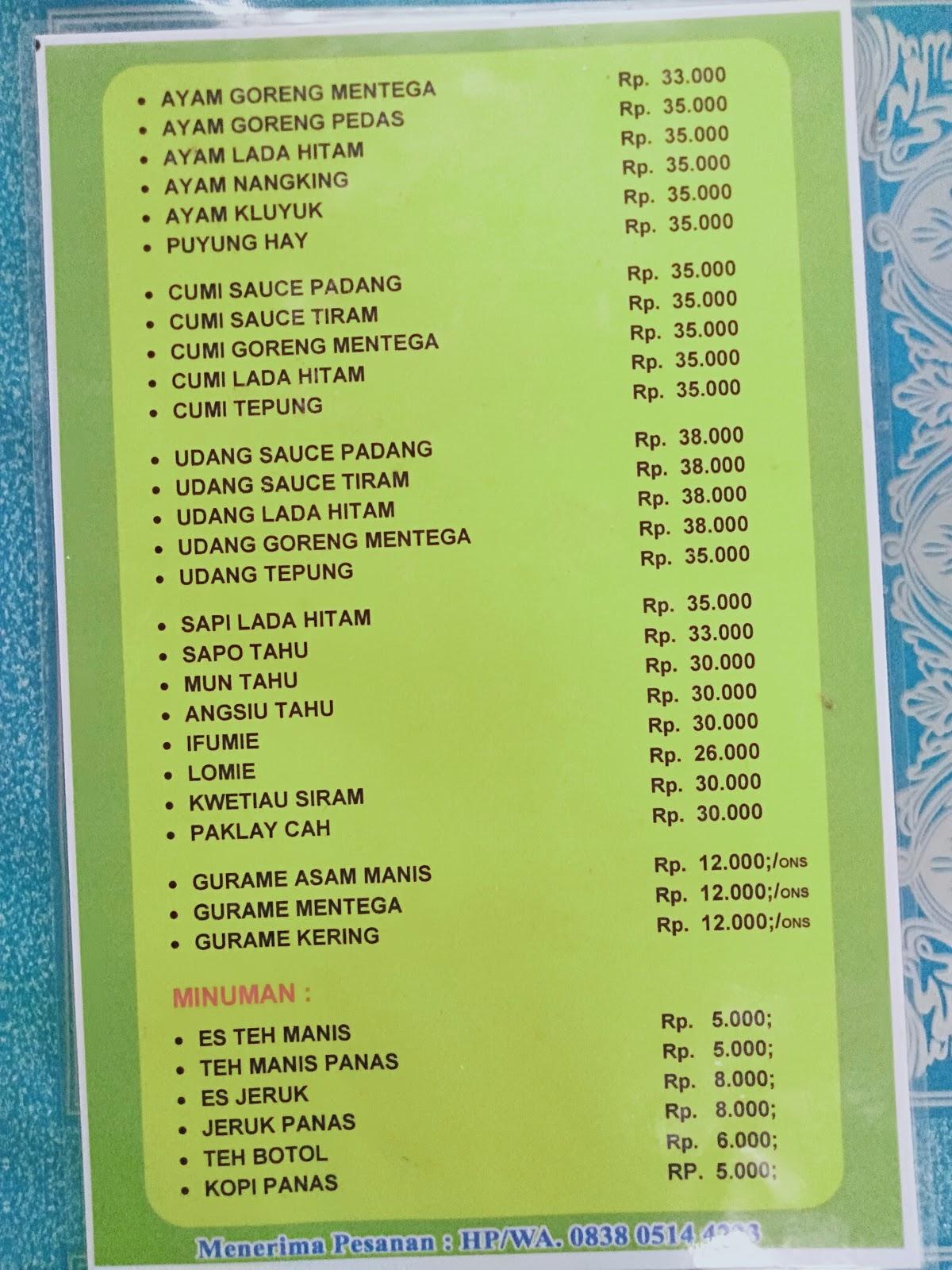 Menu at Pondok makan 96 seafood restaurant, East Jakarta