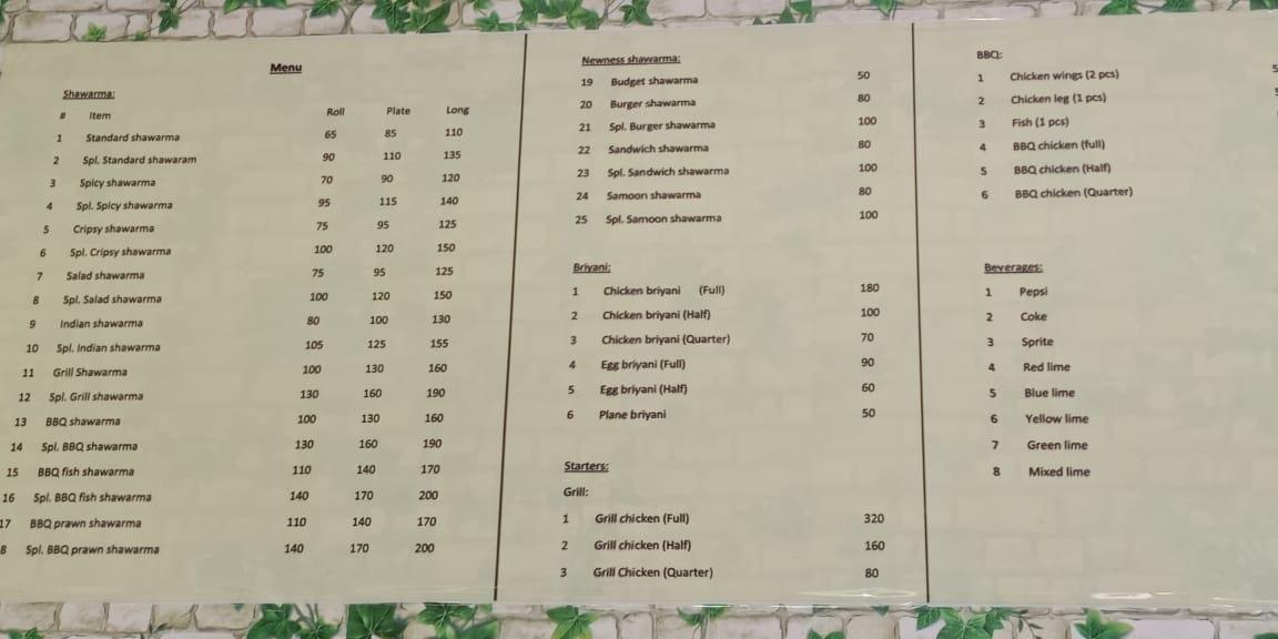 Menu at Savourma (Real savour of shawarma), Chennai