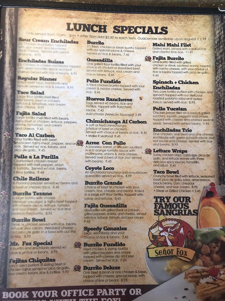 Menu at Senor Fox Mexican Restaurant, Virginia Beach, Nimmo Pkwy