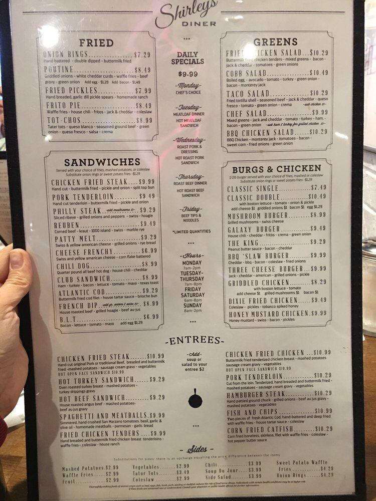 Menu at Shirley's Diner restaurant, Omaha