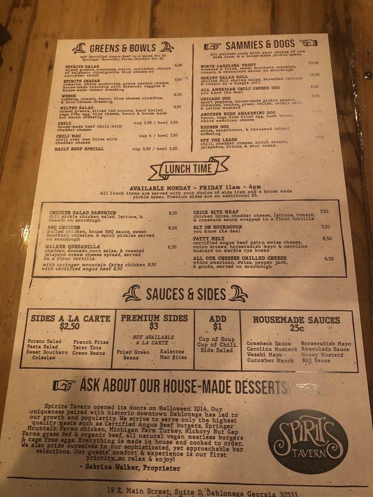 Menu at Spirits Tavern pub & bar, Dahlonega